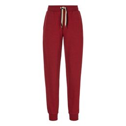 Relaxhose BOSS "CP Stripe_Pants Cuff" Gr. L, N-Gr, rot (dunkelrot 601), Damen, Sweatware, Obermaterial: 48% Baumwolle, 48% Lyocell, 4% Polyamid, unifarben, Hosen, mit kontrastfarbener Kordel