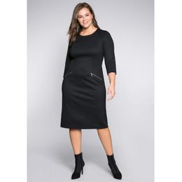 Etuikleid sheego "Große Größen", Damen, Gr. 40, Normalgrößen, schwarz, Obermaterial: 70% Polyester, 25% Viskose, 5% Elasthan, unifarben, klassisch, figurbetont knieumspielend, Rundhals, 3/4-Ärmel, Kleider, mit 3/4- Arm, im Materialmix, Topseller