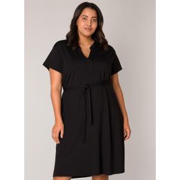 Sommerkleid Base Level Curvy, Damen, Gr. 46, N-Gr, schwarz, Web, Obermaterial: 65% Viskose, 30% Nylon, 5% Elasthan, unifarben, casual, knielang, V-Ausschnitt, Kurzarm, Kleider, mit Bindegürtel