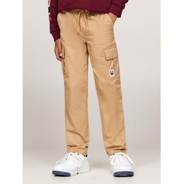 Cargohose Tommy Hilfiger "CARGO PULL ON COTTON PANTS" Gr. 10 (140), N-Gr, beige (classic khaki), Jungen, Web, Obermaterial: 97% Baumwolle, 3% Elasthan, unifarben, Hosen, mit Logo-Badge, im Cargo-Stil