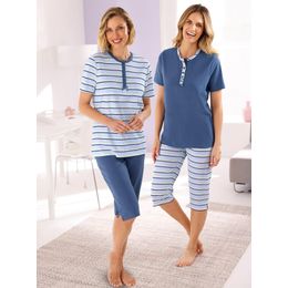 wäschepur Capri-Pyjama WÄSCHEPUR, Damen, Gr. 40/42, blau (jeansblau, jeansblau, geringelt), 100% Baumwolle, Homewear-Sets