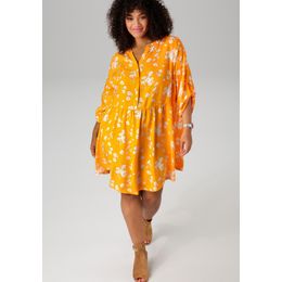 Longbluse ANISTON PLUS Gr. 52, orange, weiß, gelb, Damen, Web, Obermaterial: 100% Viskose, bedruckt, geblümt, gepunktet, Blusen, mit Blumen und kleinen Pünktchen bedruckt - NEUE KOLLEKTION