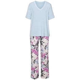 Pyjama Lascana, Damen, Gr. 32/34, blau (hellblau, geblümt), Single Jersey, Obermaterial: 50% Baumwolle, 45% Viskose, 5% Elasthan, geblümt, feminin, bequem lang, V-Ausschnitt, Homewear-Sets, Schöner Blumendruck