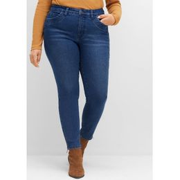 Stretch-Jeans sheego "Große Größen" Gr. 40, Normalgrößen, blau (blau denim), Damen, Obermaterial: 76% Baumwolle, 22% Polyester, 2% Elasthan, unifarben, Jeans, mit Zippern am Saumabschluss