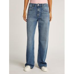 Straight-Jeans Tommy Jeans "Mia Mid Rise Relaxed Straight", Damen, Gr. 29, Länge 30, blau (denim medium), Denim/Jeans, Obermaterial: 99% Baumwolle, 1% Elasthan, unifarben, casual, relaxed fit lang, Jeans, mit Strass-Steinen