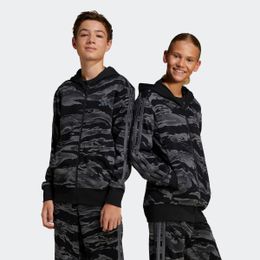 Kapuzensweatshirt adidas Sportswear "J CAMO FZ HD" Gr. 140, schwarz (schwarz, grau five), Kinder, Obermaterial: 55% Baumwolle, 36% Polyester, 9% Viskose, Sweatshirts