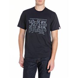 T-Shirt Replay Gr. L, blau (night blau), Herren, Jersey, Obermaterial: 100% Baumwolle, bedruckt, Shirts