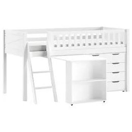 Spielbett Vipack, weiß, B:134,7cm H:114cm L:206,7cm, Das Bett ist Kiefer massiv, Die Beimöbel MDF, Betten, mit viel Funktion auf kleinem Raum, LF 90x200 cm, Kiefer weiß lackiert