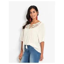 Longbluse Inspirationen, Damen, Gr. 46, beige (ecru), 100% Viskose, unifarben, gemustert, V-Ausschnitt, Blusen