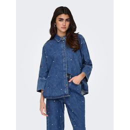 Jeansbluse Only "ONLGRACE 3/4 RHINESTONE MB DNM SHIRTNOOS" Gr. XS (34), blau (medium blau denim), Damen, Web, Denim/Jeans, Obermaterial: 100% Baumwolle, unifarben, Blusen, mit Strasssteinen