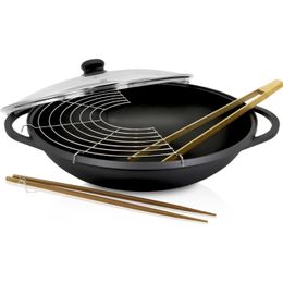 Krüger Wok KRÜGER "Aluguss Wok mit Glasdeckel LEIPZIG, 36 cm", schwarz, H:10cm Ø:36cm, Pfannen, hochwertige Antihaft-Versiegelung