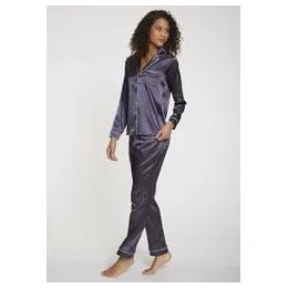 Pyjama s.Oliver Gr. 46, blau (dunkelblau), Damen, Satin, Obermaterial: 95% Polyester, 5% Elasthan, unifarben, Homewear-Sets, mit Schlafmaske