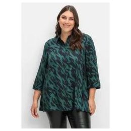 Longbluse sheego "Große Größen", Damen, Gr. 50, schwarz (schwarz gemustert), Obermaterial: 100% Lyocell (TENCEL), gemustert, feminin, figurumspielend lang, Blusen, in schwingender A-Linie