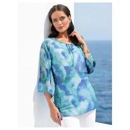 Longbluse Heine, Damen, Gr. 42, blau (ozean, ecru, bedruckt), 100% Polyester, gemustert, Batikmuster, mehrfarbig, bedruckt, Rundhals, Blusen