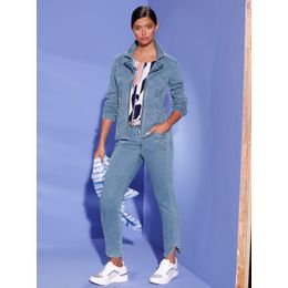 CRÉATION L Jeansjacke CREATION L, Damen, Gr. 46, blau (blau, bleached), 56% Baumwolle, 19% Polyester, 14% Lyocell, 10% Viskose, 1% Elasthan, unifarben, Langarm, Jacken