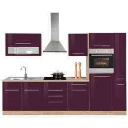 Küchenzeile KOCHSTATION "KS-Eton", lila (küche: aubergine hochglanz, eichefarben, korpus: eichefarben, arbeitsplatte: eichefarben), B:300cm T:60cm, Komplettküchen-Sets, ohne E-Geräte, Breite 300 cm