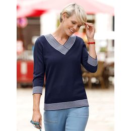 Classic Basics Damen 3/4 Arm-Pullover "V-Pullover", blau, Gr. 50, gemustert, gestreift, 100% Polyacryl, Pullover