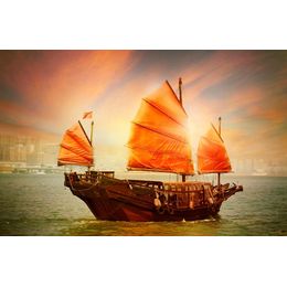 papermoon Fototapete "DSCHUNKE-SEGEL SCHIFF CHINA MEER K&Uuml;STE SONNE HONG KONG", B/L: 4,5mm x 2,8mm, Bahnen: 9 Stk. St., bunt, Schlafzimmer, Tapeten