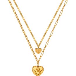 Firetti Damen Kette mit Anhänger "Schmuck Geschenk Edelstahl Halskette Layer doppelreihig Herz", Edelstahl, L: 47,5, gold, Edelstahl, Halsketten