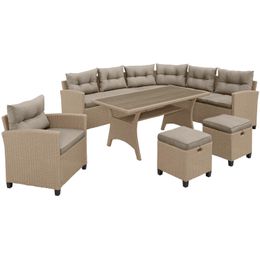 Gartenlounge-Set Konifera "Keros Premium", beige (beige meliert), Polyrattan, Sitzmöbel-Sets, Gartenmöbel-Set, Ecklounge, Polyrattan, Stahl, geeignet für 8 Personen, inkl. Auflagen