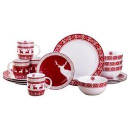 Kombiservice RETSCH ARZBERG "Geschirr-Set, Service Nordic Reindeer, Winter, Advent, Weihnachten", rot (rot, weiß), 16 tlg., Porzellan, Geschirr-Sets, Rentier-Design, 16 Teile, für 4 Personen