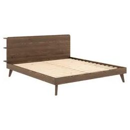 Bettgestell KARUP DESIGN "RETREAT BED", braun (carob braun lackiert), B:185cm H:93cm L:226cm, Betten, aus Kiefer massiv mit Lattenrost, Kopfteil mit 3 Ablagen