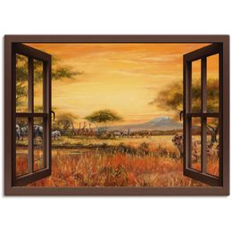 Wandbild Artland "Fensterblick Afrikanische Steppe Löwen", braun, B:130cm H:90cm, Canvas, Leinwand, Bilder, als Leinwandbild, Wandaufkleber in verschied. Größen