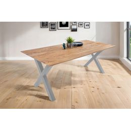 Esstisch 200x100 cm Akazie massiv eichenfarben schweizer Kante X-Gestell silber DEAN