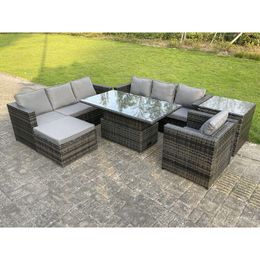 8 Sitzer Polyrattan Gartenmöbel Set Verstellbare Hubtische Outdoor Lounge Sofa Stühle Fußhocker Dunkelgrau Gemischt - Fimous