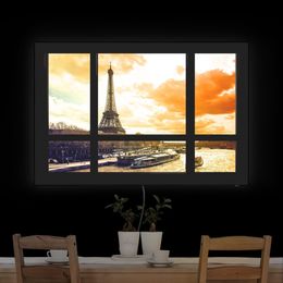 LED-Wechselbild Fensterblick - Paris Eiffelturm Sonnenuntergang