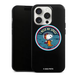 DeinDesign iPhone 15 Pro Handy Slim Case extra d&uuml;nn Silikon Handyh&uuml;lle schwarz H&uuml;lle Peanuts Weltall Snoopy Silikon Slim Case