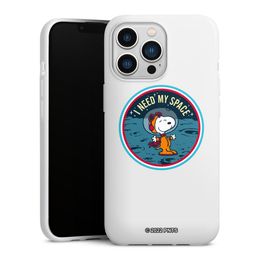 DeinDesign iPhone 13 Pro Handy Silikon H&uuml;lle Case wei&szlig; Handyh&uuml;lle Peanuts Weltall Snoopy Silikon Case