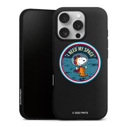 DeinDesign iPhone 16 Pro Handy Premium Silikon H&uuml;lle Handyh&uuml;lle schwarz Case Peanuts Weltall Snoopy Silikon Premium Case