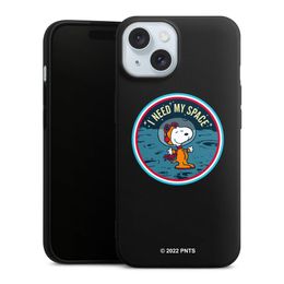 DeinDesign iPhone 15 Handy Premium Silikon H&uuml;lle Handyh&uuml;lle schwarz Case Peanuts Weltall Snoopy Silikon Premium Case