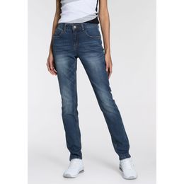 Relax-fit-Jeans Kangaroos "RELAX-FIT HIGH WAIST", Damen, Gr. 32, N-Gr, blau (dunkelblau, used), Denim/Jeans, Obermaterial: 67% Baumwolle, 32% Polyester (REPREVE), 1% Elasthan, Abriebeffekte, vintage, Basic, relaxed fit knöchelfrei, Jeans, knöchelfreie Schnittform, krempelbare Beinabschlüsse