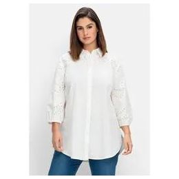 Longbluse sheego "Große Größen", Damen, Gr. 48, weiß, Obermaterial: 100% Baumwolle, unifarben, feminin, figurumspielend lang, Blusen, mit Lochstickerei, gerundeter Saum