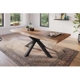 Esstisch 220 x 100 cm Akazie massiv natur Baumkantentisch Spider-Gestell schwarz ATLAS