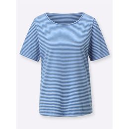 WITT Damen Ringelshirt mit kurzen &Auml;rmeln, mittelblau-ecru-geringelt, Gr&ouml;&szlig;e 46