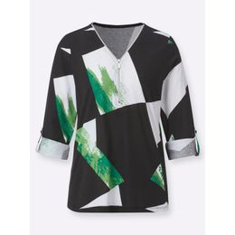 WITT Damen V-Shirt im Grafik-Dessin, schwarz-apfel-gemustert, Gr&ouml;&szlig;e 38