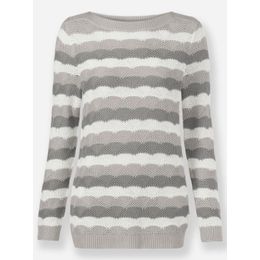 WITT Damen Langarm-Pullover mit Einstrickmuster, hellgrau-steingrau-geringelt, Gr&ouml;&szlig;e 42