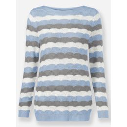 WITT Damen Langarm-Pullover mit Einstrickmuster, eisblau-steingrau-geringelt, Gr&ouml;&szlig;e 42