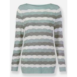 WITT Damen Langarm-Pullover mit Einstrickmuster, kalkmint-steingrau-geringelt, Gr&ouml;&szlig;e 40