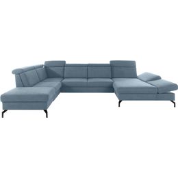 Sit & More Wohnlandschaft SIT & MORE "Brisbane U-Form", blau (hellblau), B:367cm T:243cm, Soft clean (98% Polyester, 2% Polyamid), Sofas, Zehentrenner, Fu&szlig;h&ouml;he 15 cm, inklusive Sitztiefen-, Armteil- und Kopfteilverstellung