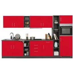 Küchenzeile KOCHSTATION "KS-Paris", rot (küche: rot, grafit, korpus: grafit, arbeitsplatte: anthrazit), B:330cm T:60cm, Komplettküchen-Sets, mit E-Geräten, Breite 330 cm, wahlweise mit Induktionskochfeld