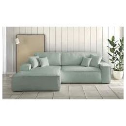 Ecksofa Andas "Finnley Schlafsofa 267 cm in Bouclé, Struktur fein u. Cord, L-Form", grün (mintgrün), B:267cm H:85cm T:167cm, Bezugstoff aus 90% recyceltem Material , Aqua Clean , Gramatur 580g/ qm +/- 5%, Sofas, Schlaffunktion m. Bettkasten (136/210 cm), Bouclé, Struktur und Cord