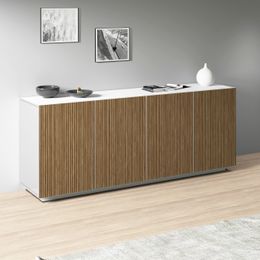 Sideboard Inosign "Vega Sideboard,Kommode,200 cm", weiß (weiß matt, canneté hell), B:200cm H:86cm T:43cm, Sideboards, mit 4 Türen,Fronten mit Rillen-Optik