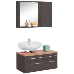 Badmöbel-Set Welltime "Davos", grau (graphit, grau), Siphonausschnitt links, Holzwerkstoff, Kastenmöbel-Sets, inklusive Beleuchtung, Hängeschrank und Waschbeckenunterschrank