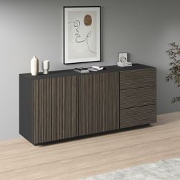 Sideboard Inosign "Vega Sideboard,Kommode,180 cm", schwarz (anthrazit matt, canneté dunkel), B:180cm H:86cm T:43cm, Sideboards, mit 2 Türen und 3 Schubladen,Fronten mit Rillen-Optik