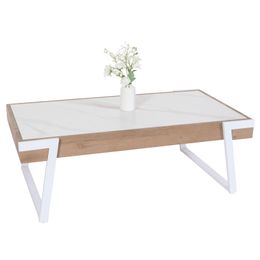 MCW Couchtisch MWC-L89, Sofatisch Wohnzimmertisch, Eisen 43x120x64cm Sinterstein Marmor-Optik wei&szlig; Holz natur