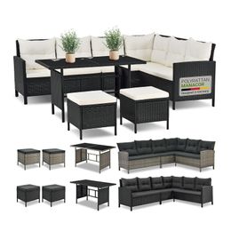 Juskys Gartenlounge Manacor schwarz - Sofa, Tisch, Hocker & Kissen - 8 Personen - Sitzbez&uuml;ge Creme
